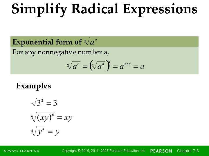 Chapter 7 Roots Radicals and Complex Numbers Copyright