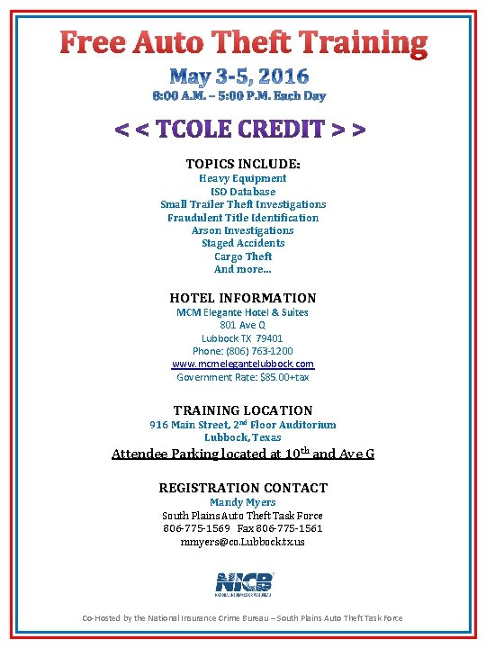 Free Auto Theft Training TOPICS INCLUDE Heavy Equipment