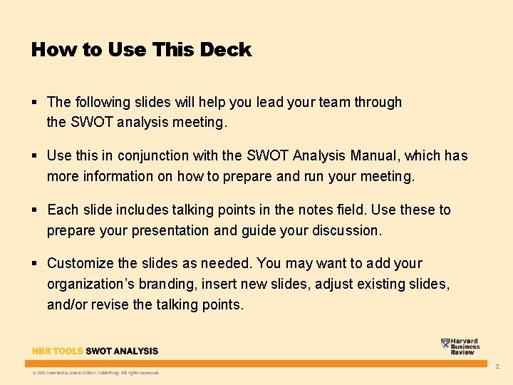 HBR TOOLS SWOT ANALYSIS Meeting Deck How to