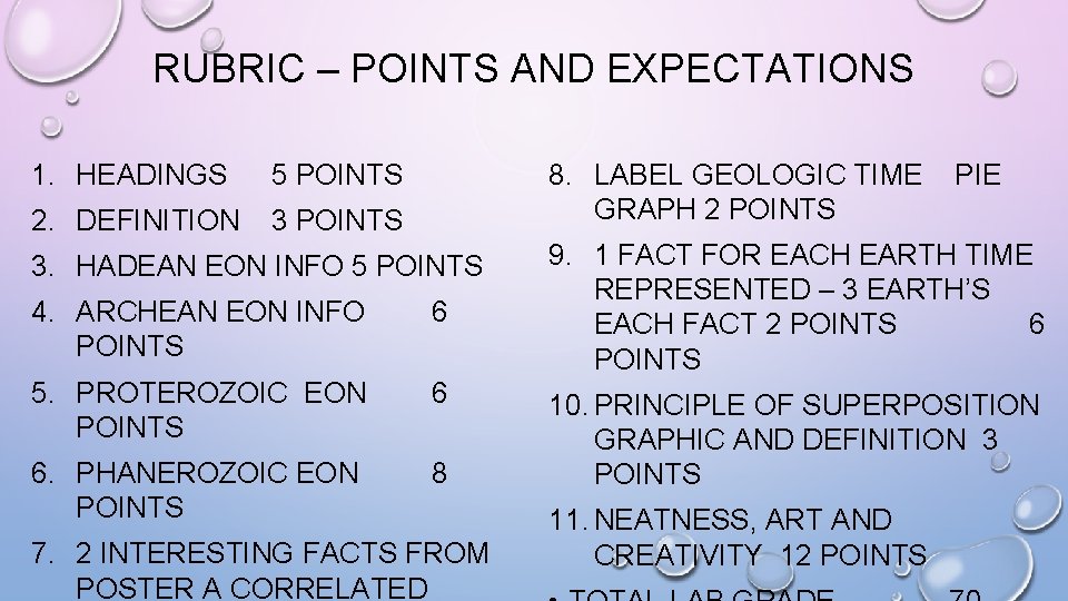 GEOLOGIC TIME FLIP CHART RUBRIC POINTS AND EXPECTATIONS