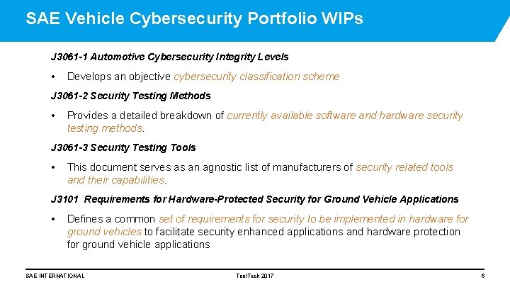 SAE INTERNATIONAL SAE Cybersecurity Standards Activity ETI Tool