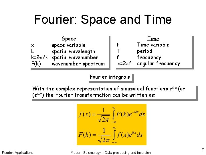 Fourier Transform Applications Seismograms Eigenmodes of the Earth