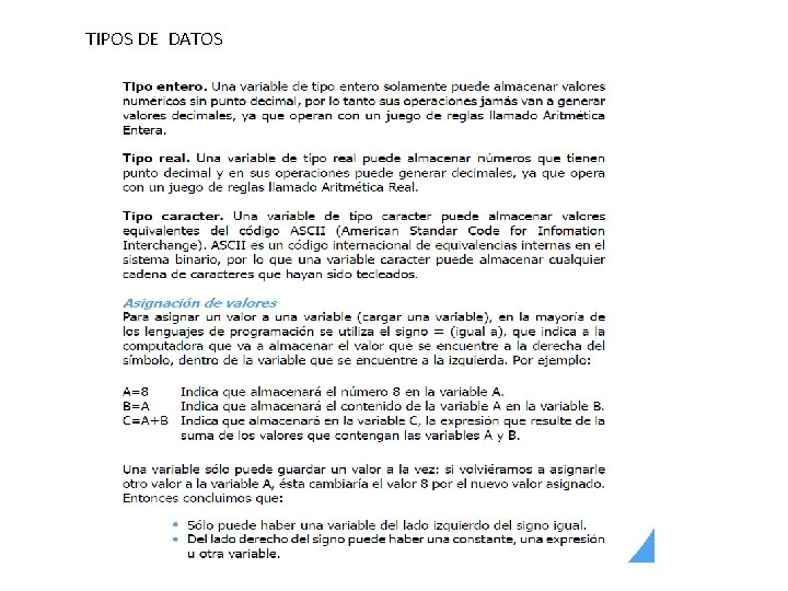 Variables y pruebas de escritorio TIPOS DE DATOS
