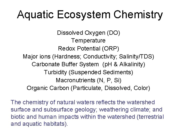 Aquatic Ecosystem Chemistry Dissolved Oxygen DO Temperature Redox