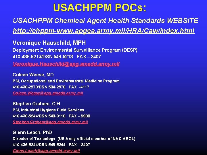 Chemical Risk Assessment and Exposure Guidelines and how