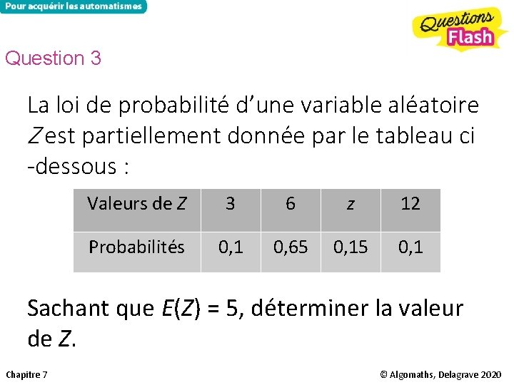 Chapitre 7 Variables alatoires discrtes Chapitre 7 Algomaths