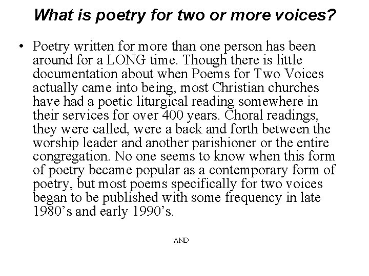 Poems for Two Voices What is poetry for