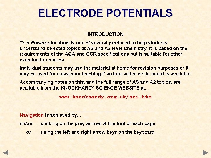 AN INTRODUCTION TO ELECTRODE POTENTIALS KNOCKHARDY PUBLISHING 2008