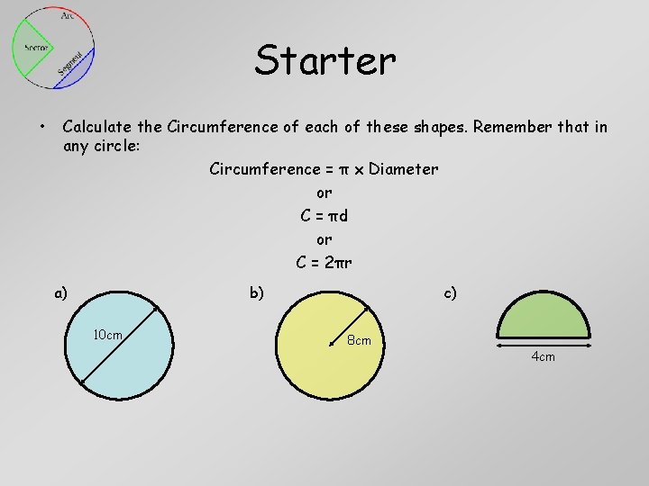 Starter Calculate the Circumference of each of these