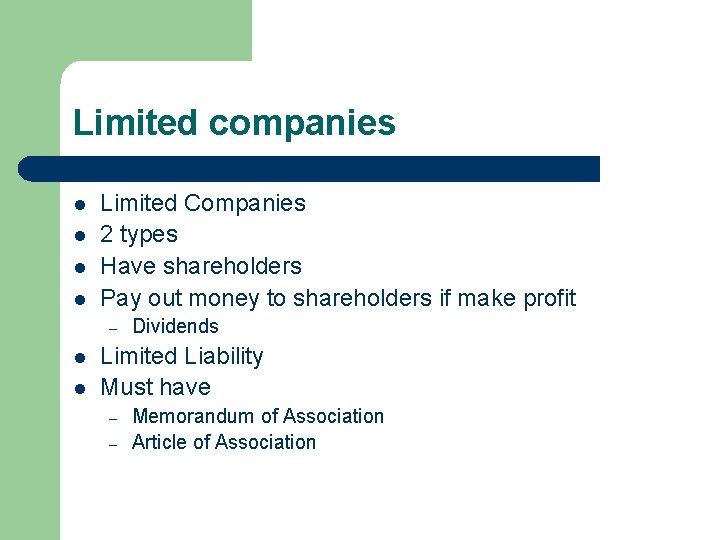 Limited Companies Year 10 Business Studies Learning Objectives