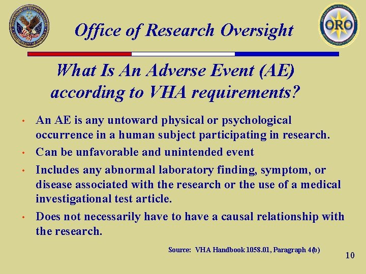 Office of Research Oversight VHA Handbook 1058 01