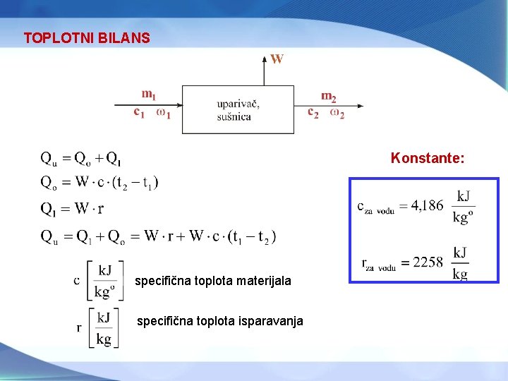 MATERIJALNI I TOPLOTNI BILANS U TEHNOLOKIM PROCESIMA Materijalni