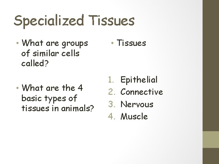 Respiratory Muscular Skeletal Systems Specialized Tissues What are