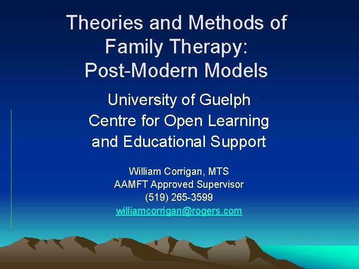Theories and Methods of Family Therapy PostModern Models