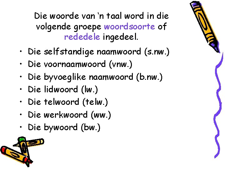 Woordsoorte Woordsoortonderskeiding Die woorde van n taal word
