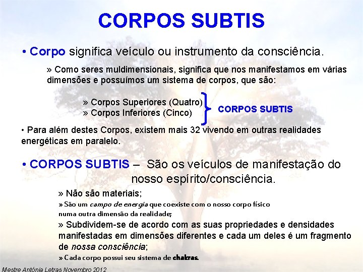CORPOS SUBTIS E CHAKRAS Mestre Antnia Letras Novembro