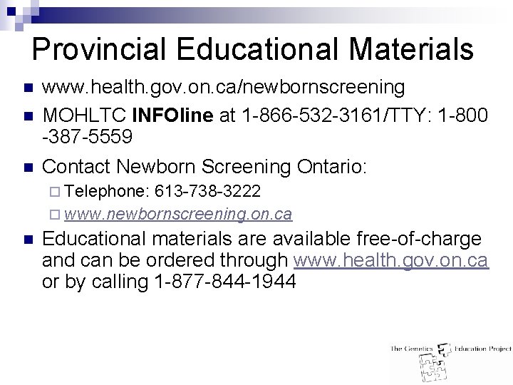 Newborn Screening Ontarios Expanded Screening Program Prepared by