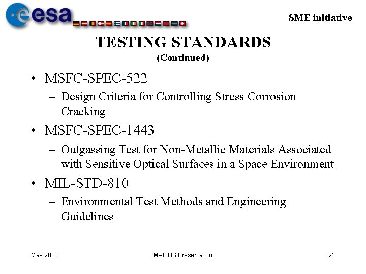 SME initiative TESTING STANDARDS NASA STANDARD 6001 Flammability