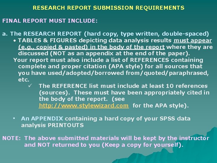 RESEARCH REPORT SUBMISSION REQUIREMENTS DATA ANALYSIS GUIDELINES CONTENTS