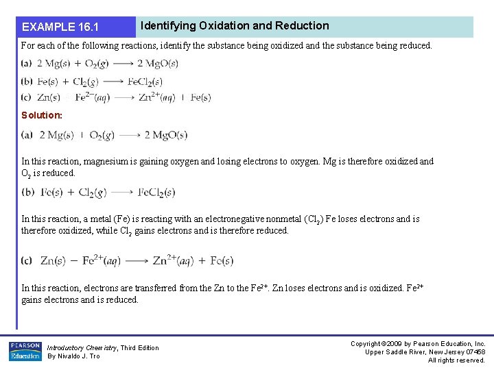 EXAMPLE 16 1 Identifying Oxidation and Reduction For