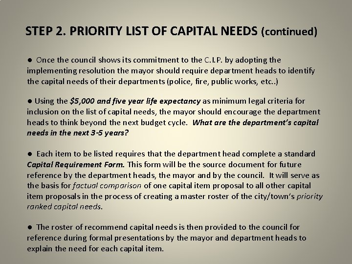 MUNICIPAL CAPITAL IMPROVEMENT PROGRAM CIP 1 A BUDGETING