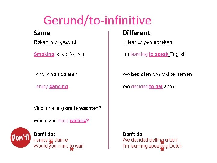 Gerundtoinfinitive Same Different Roken is ongezond Ik leer