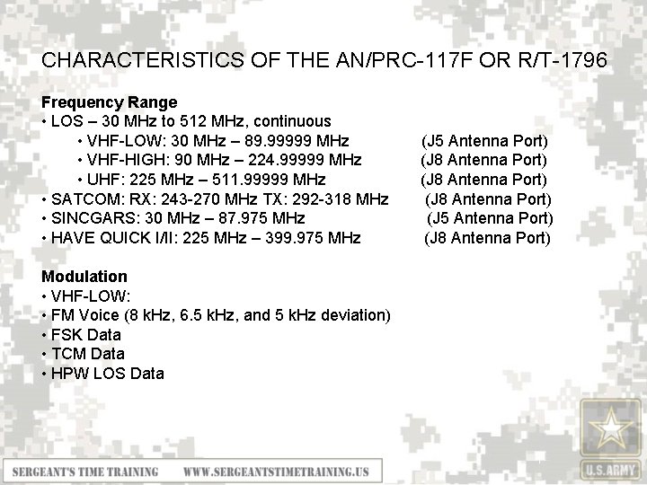 CHARACTERISTICS OF THE ANPRC117 F OR RT1796 Frequency