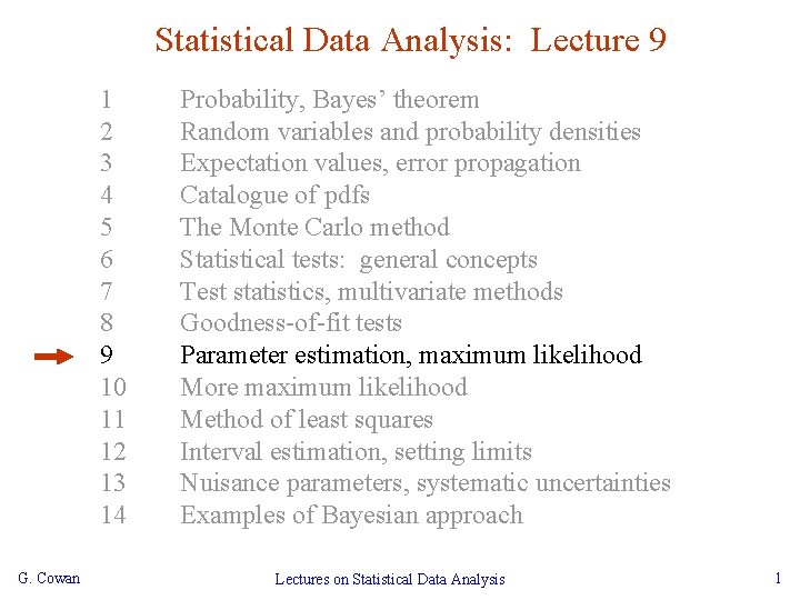 Statistical Data Analysis Lecture 9 1 2 3