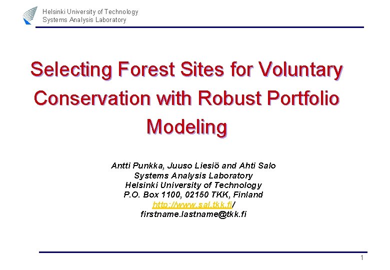 Helsinki University of Technology Systems Analysis Laboratory Selecting