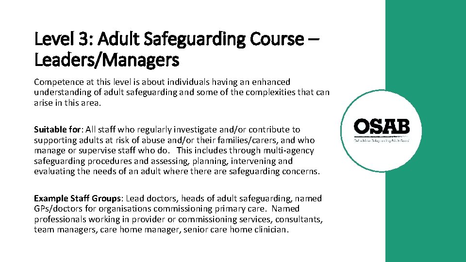 Level 3 Adult Safeguarding Course LeadersManagers Competence at