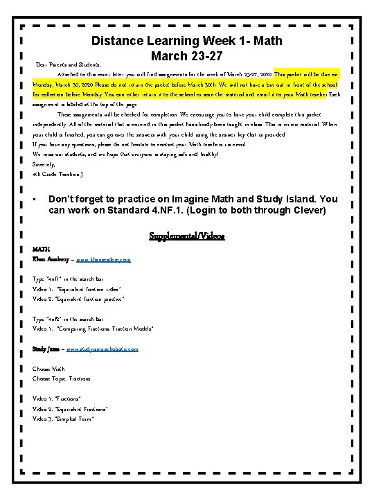 Distance Learning Week 1 Math March 23 27