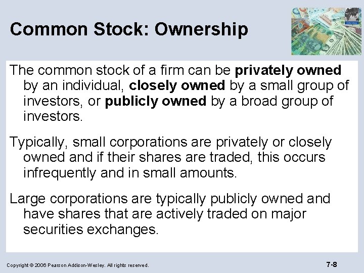 Chapter 7 Stock Valuation Copyright 2012 Pearson Education