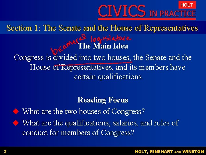 CIVICS IN PRACTICE HOLT Chapter 5 The Legislative