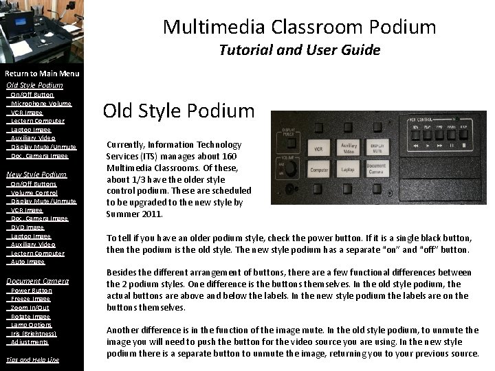 Multimedia Classroom Podium Tutorial and User Guide Main