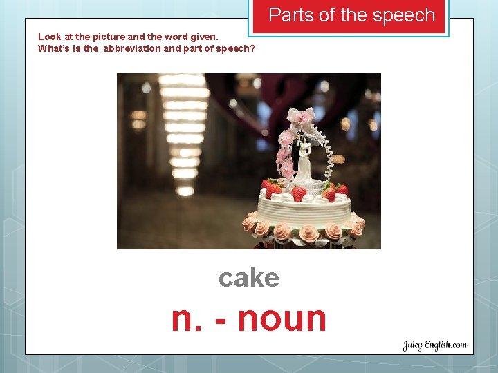 Parts of the speech NOUNS A noun is