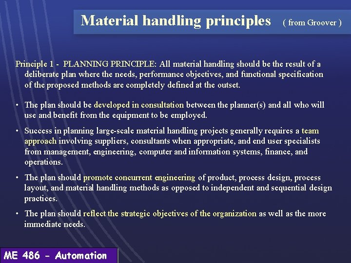 Materials Handling ME 486 Automation Ed Red Objectives