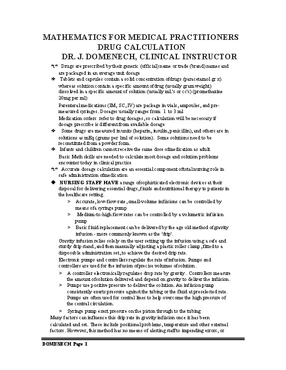 MATHEMATICS FOR MEDICAL PRACTITIONERS DRUG CALCULATION DR J