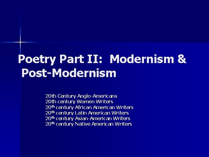 Poetry Part II Modernism PostModernism 20 th Century