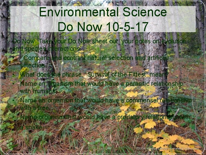 Environmental Science Do Now 10 5 17 Do