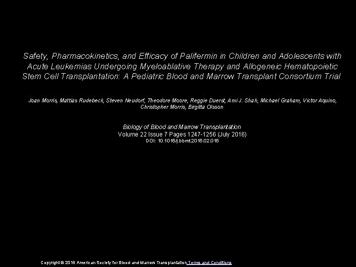 Safety Pharmacokinetics and Efficacy of Palifermin in Children