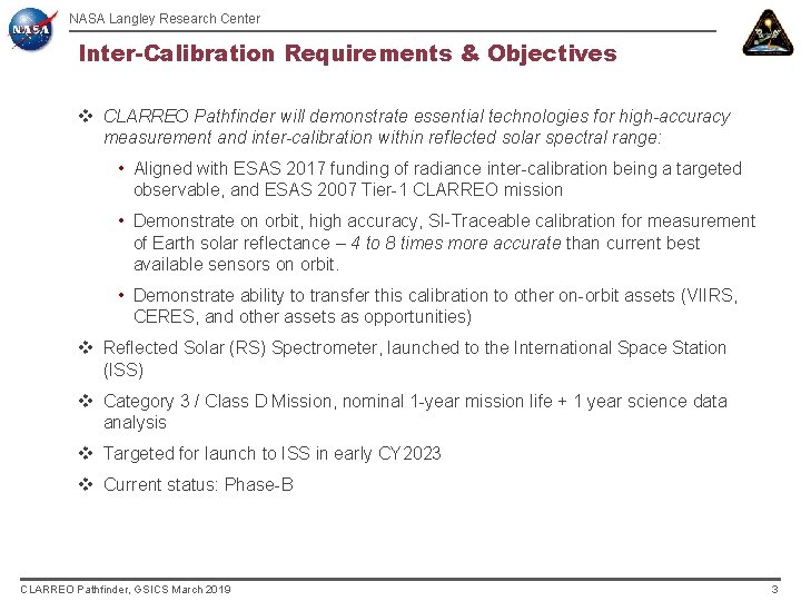 NASA Langley Research Center CLARREO Pathfinder Intercalibration ...