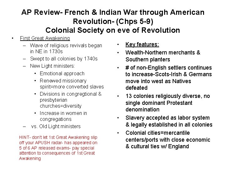 AP Review French Indian War through American Revolution