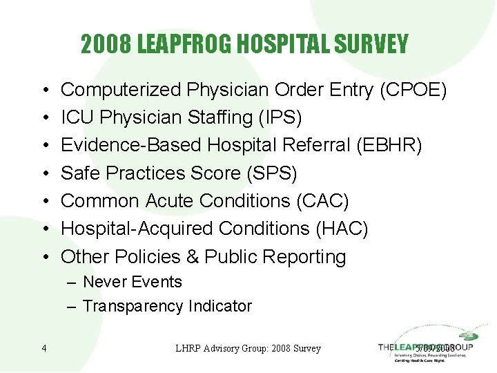 Leapfrog Hospital Rewards Program Measures Scoring Presentation Objectives