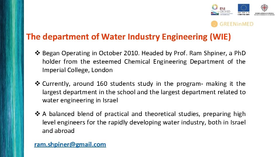 KINNERET COLLEGE The Water Industry Engineering Department Table
