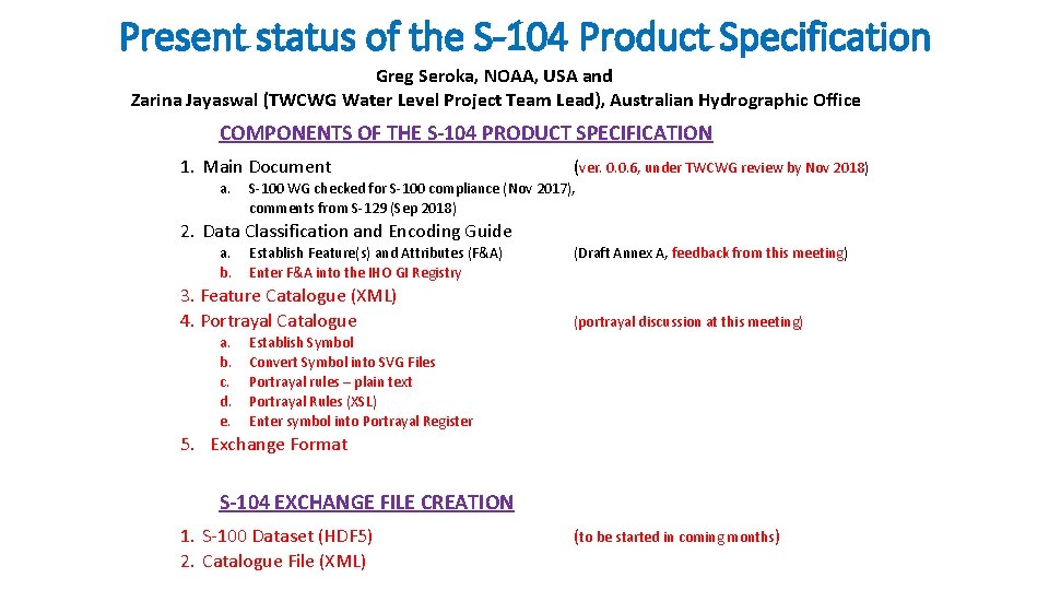 Present status of the S104 Product Specification Greg