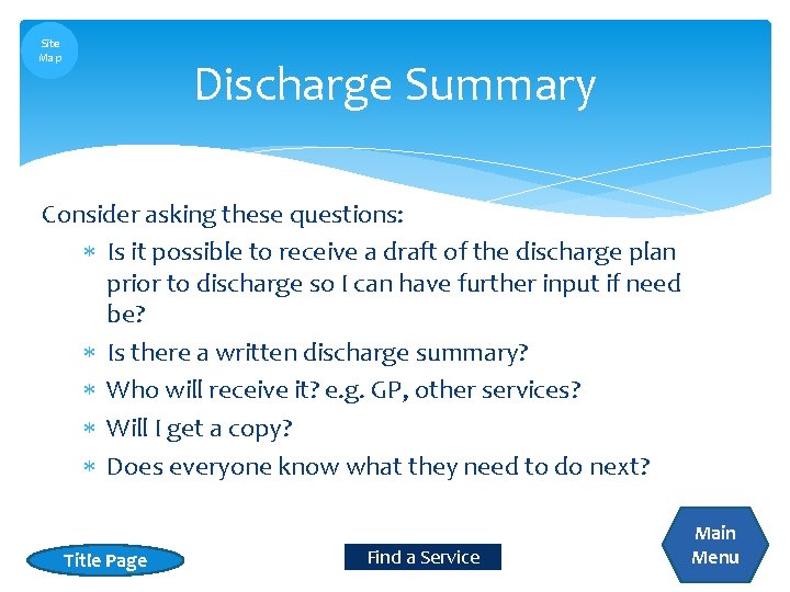 Site Map The discharge and treatment planning checklist