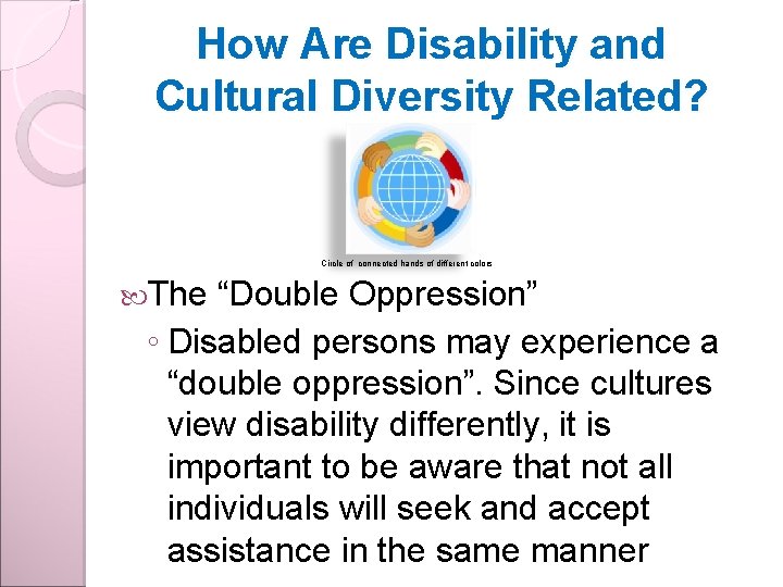CULTURAL DIVERSITY Circle of connected hands of different