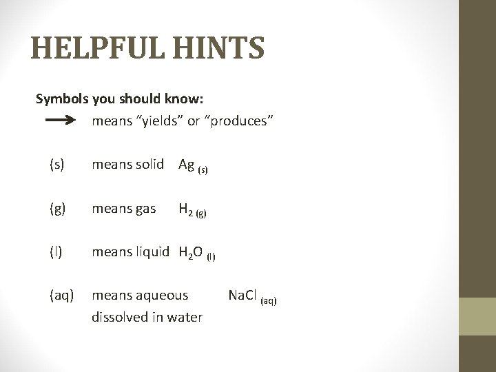 CHEMICAL REACTIONS HELPFUL HINTS Symbols you should know