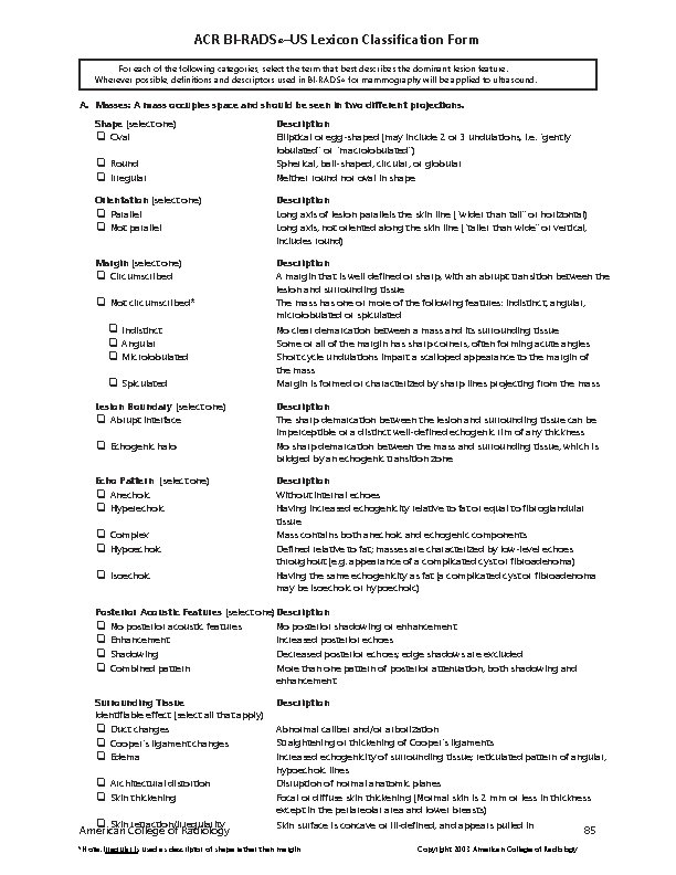 ACR BIRADSUS Lexicon Classification Form BIRADS US For