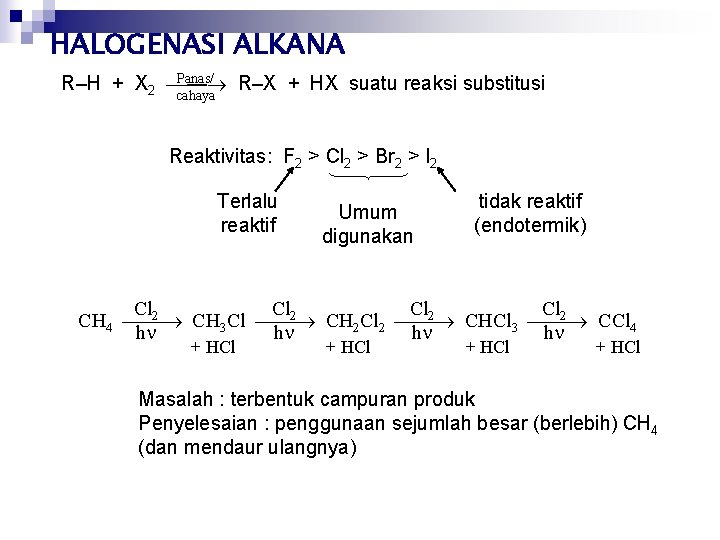 ALKANA Reaksi Radikal Bebas HALOGENASI ALKANA Panas RH